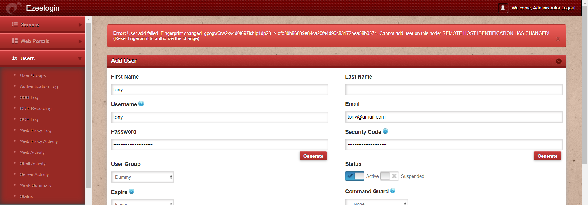 User add failed Cannot add user on this node: REMOTE HOST ... User add failed Cannot add user on this node: REMOTE HOST ...